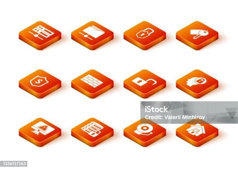 느낌표 서버 보안 잠금 장치 쉴드 달러 방화벽 벽 울리는 알람 벨 오픈 자물쇠 보호 하에 있는 하우스 및 휴먼 헤드 아이콘이 있는 모니터를 설정합니다 벡터 3차원 형태에