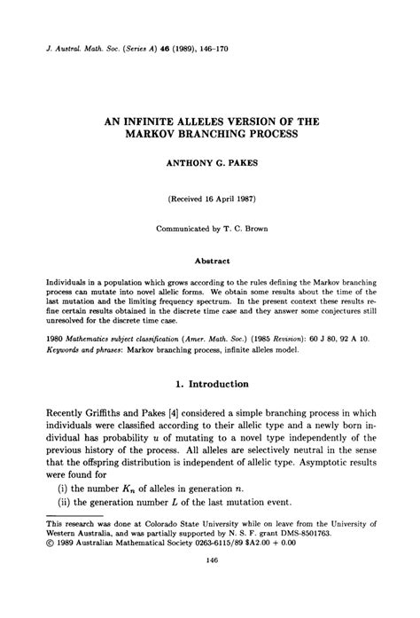 pdf an infinite alleles version of the markov branching process