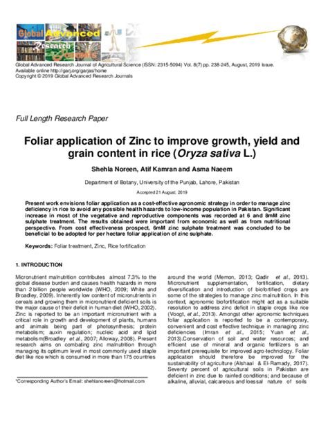 Pdf Foliar Application Of Zinc To Improve Growth Yield And Grain