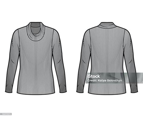 리브드 카울 터틀넥 니트 스웨터 테크니컬 패션 일러스트와 긴 소매 오버사이즈 바디 튜닉 길이 0명에 대한 스톡 벡터 아트 및