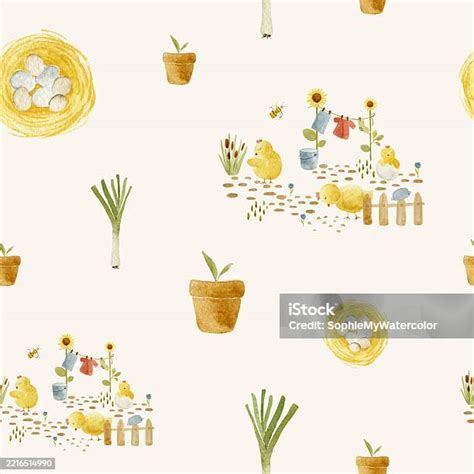 병아리 냄비 둥지 및 부추와 원활한 농장 패턴 어린이와 보육원을위한 귀여운 수채화 시골 생활 디자인 0명에 대한 스톡 벡터 아트 및 기타 이미지 Istock