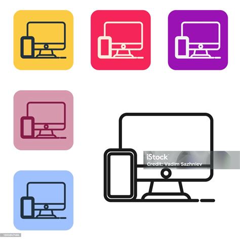 흰색 배경에 격리 된 검은 줄 컴퓨터 모니터와 휴대 전화 아이콘 인터넷 마케팅의 수익 색상 정사각형 단추로 아이콘을 설정합니다