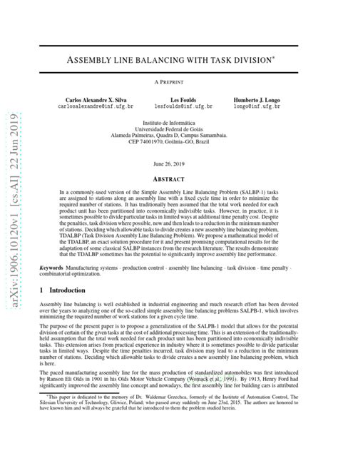 Assembly Line Balancing With Task Division Pdf Car Applied Mathematics