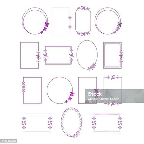 กรอบสไตล์ศิลปะเส้นของรูปทรงต่างๆ กรอบรูปสี่เหลี่ยมผืนผ้าและรูปไข่เรียบง่ายตกแต่งด้วยใบ ภาพประกอบ