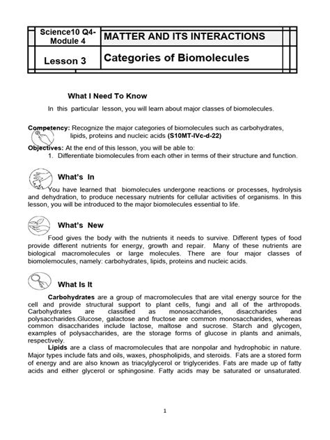 Science 10 Q4 Module 4 Week 4 Pdf Biomolecules Biosynthesis