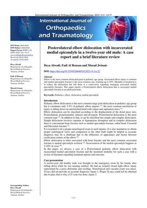 Pdf Posterolateral Elbow Dislocation With Incarcerated Medial Epicondyle In A Twelve Year Old