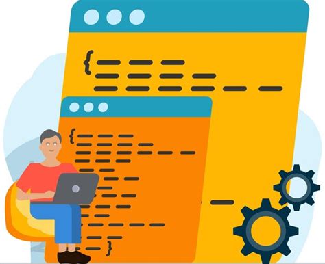 Premium Vector A Man Sits In Front Of A Yellow And Orange Computer Screen That Says Code On It