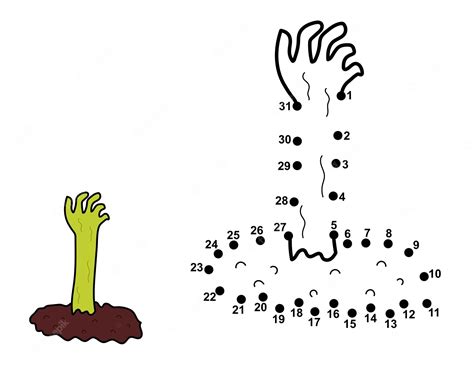 아이들을 위한 점 맞추기 게임 점을 연결하고 무덤에서 튀어나온 좀비 손을 그립니다 프리미엄 벡터