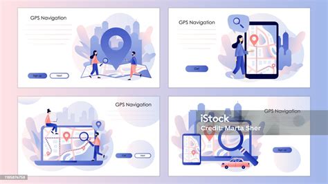 Gps 네비게이션 개념 위치 검색 온라인 지도 모바일 스마트 폰 방문 페이지 템플릿 Ui 웹 모바일 앱 포스터 배너 전단지용 화면 템플릿 현대 평면 만화 스타일입니다 벡터