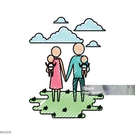 그림 여자와 크레용 실루엣 하늘 풍경과 잔디 색상 하 고는 아기를 운반 하 고 손을 잡고 남자 가족에 대한 스톡 벡터 아트 및 기타 이미지 Istock