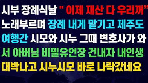 신청사연 시부 장례식날 이제 재산 다 우리꺼 노래 부르며 장례 내게 맡기고 제주도 여행간 시모 시누 그때 변호사가 유언장 보여준 순간 비행기 돌리고 난리나는데 사연라디오