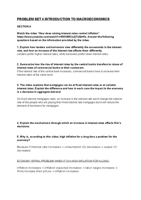 Problem Set 4 Intro Macroeconomics Problem Set 4 Introduction To Macroeconomics Section A
