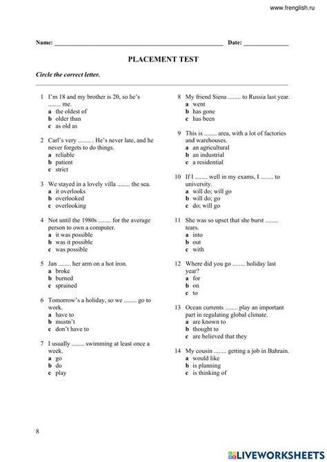 Outcomes 2ed Placement Test Online Exercise For Live Worksheets