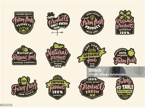 빈티지 농장과 신선한 제품 엠블럼과 스탬프 세트 유기농 식품 스티커 산지직송에 대한 스톡 벡터 아트 및 기타 이미지 산지직송