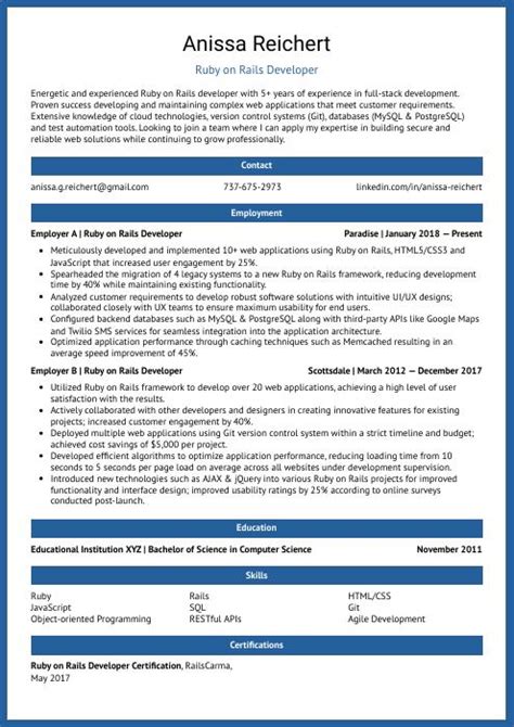 Ruby On Rails Developer Resume Cv Example And Writing Guide