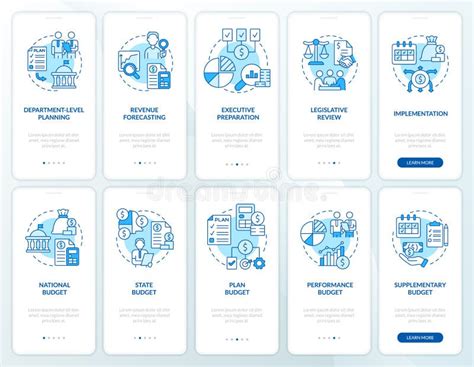 State And Government Budgeting Blue Onboarding Mobile App Screen Set Stock Vector Illustration