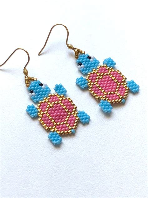 Stainless Steel Seed Bead Hand Beaded Turtle Earrings Gold Turquoise
