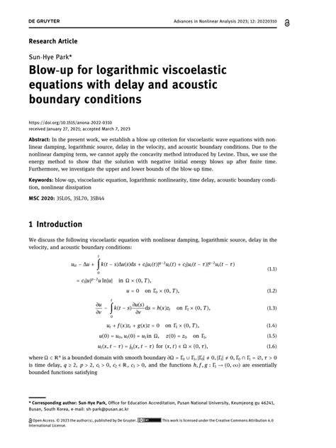 Pdf Blow Up For Logarithmic Viscoelastic Equations With Delay And Acoustic Boundary Conditions