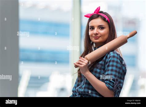 Woman With Rolling Pin In The Kitchen Stock Photo Alamy