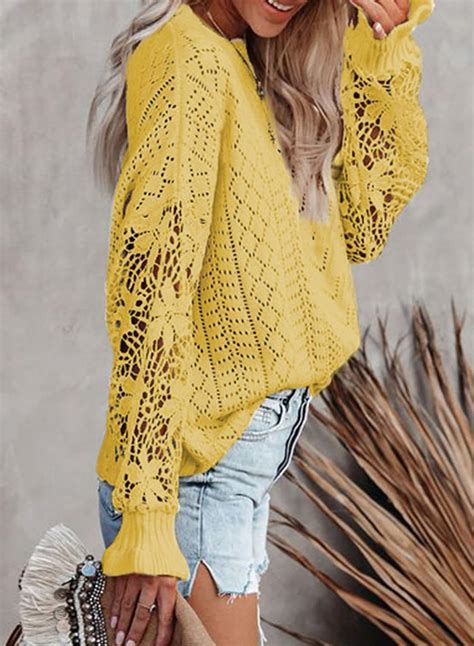 Alvaq Women Lace Crochet Long Sleeve Crewneck Sweaters
