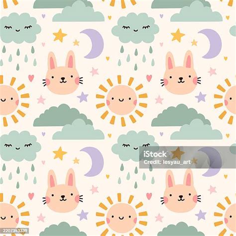 파스텔 색상의 유치한 낙서가 있는 귀여운 완벽 한 패턴 태양 토끼 비오는 구름 별 달 벡터 손으로 그린 평면 그림입니다 인쇄 포장지 벽지 직물 섬유에 적합합니다 구름에 대한