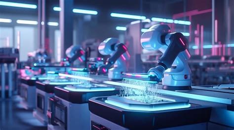 인공지능 Ai 로은 산업혁명과 자동화 제조 프로세스를 위해 사무실과 생산에서 사람들과 함께 일합니다 프리미엄 사진