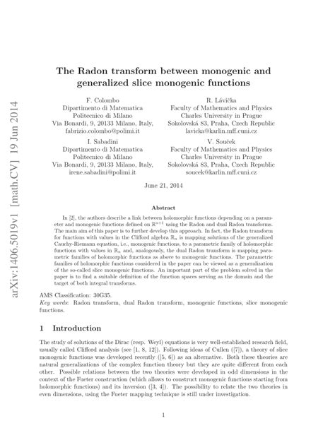 Pdf The Radon Transform Between Monogenic And Generalized Slice Monogenic Functions