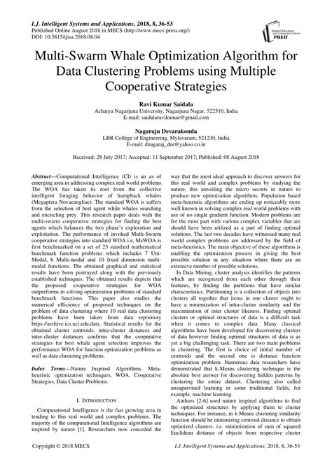 Pdf Multi Swarm Whale Optimization Algorithm For Data Clustering Problems Using Multiple