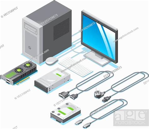 Isometric Computer Parts Collection With Monitor Video Card Drives Cable Wires Keyboard Mouse