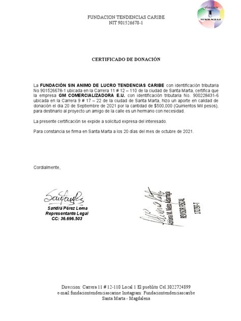 Certificado De Donación Fundación Caribe Pdf Derecho