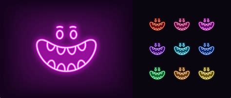 윤곽선 네온 웃음 입 아이콘 세트입니다 웃는 입과 빛나는 네온 만화 괴물 얼굴 하하 표정 웃음 이모티콘 미친 미소 재미있는 농담