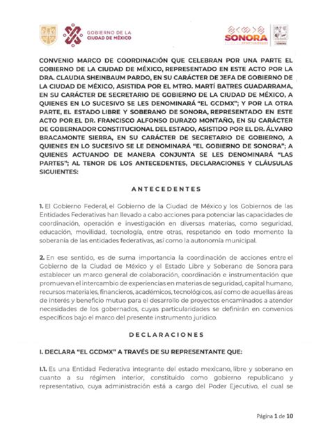 Convenio Marco De Coordinación Entre Cdmx Y El Gobierno De Sonora Pdf