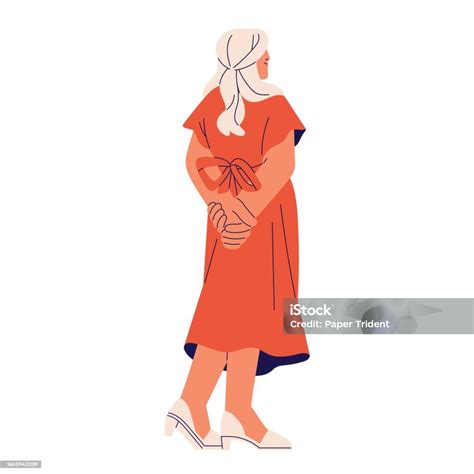 뒤에서 손을 잡고 서 있는 여자 우아한 드레스를 입은 소녀가 기다리고 있고 여자는 전신이다 사랑스러운 의상 귀여운 표정 낭만적인 스타일 흰색 배경에 있는 평면 격리 벡터