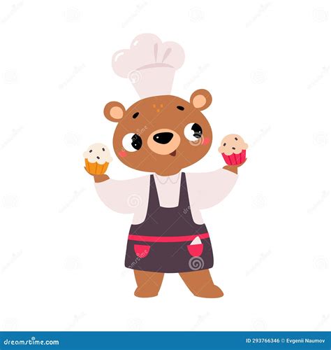 Cute Bear Chef Character In Toque Hold Cupcake Vector Illustration