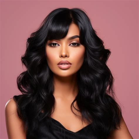 Premium Photo A Woman With Long Dark Hair And A Black Dress With A Pink Background