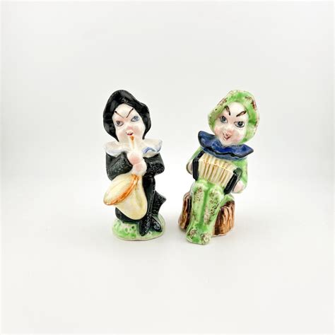 Pixie With Musical Instruments Vintage Salt And Pepper Shakers Whimsical Elves With Accordion