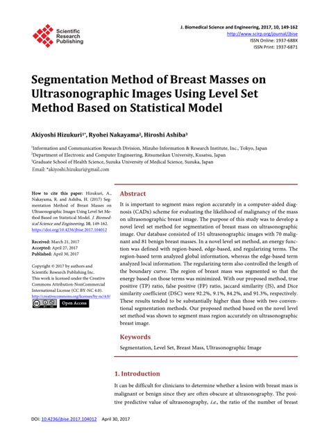 Pdf Segmentation Method Of Breast Masses On Ultrasonographic Images Using Level Set Method
