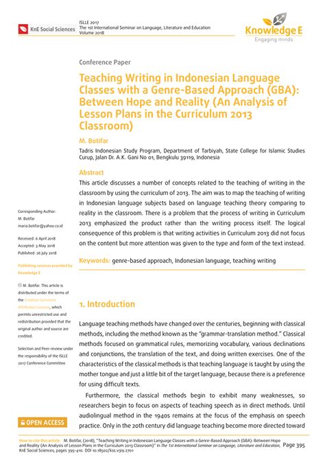 Pdf Teaching Writing In Indonesian Language Classes With A Genre Based Approach Gba Between