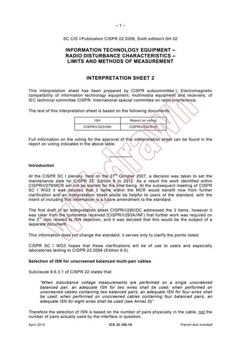 Cispr 22 2008 Ish2 2010 Interpretation Sheet 2 Information