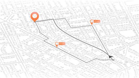 지정된 목적지가 있는 등각투영 도시 지도와 최단 경로 옵션을 포함하여 다양한 경로를 나타내는 여러 마커 도시 거리의 추상적 인