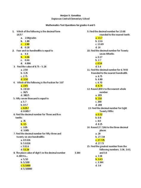 Mathematics Test Questions For Grades 4 And 5 Decimal And Fraction Concepts Pdf Numbers