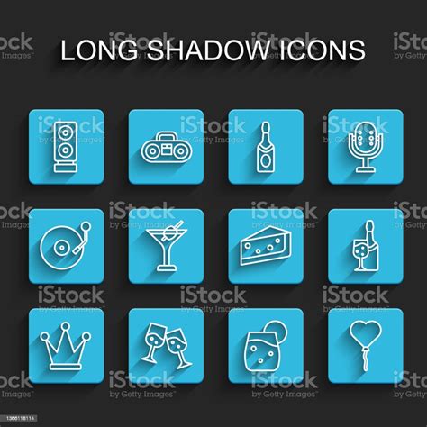 세트 라인 크라운 샴페인 유리 스테레오 스피커 칵테일 풍선 형태의 하트 마티니 유리 샴페인 병 및 조각 케이크 아이콘 벡터 공휴일에 대한 스톡 벡터 아트 및 기타 이미지