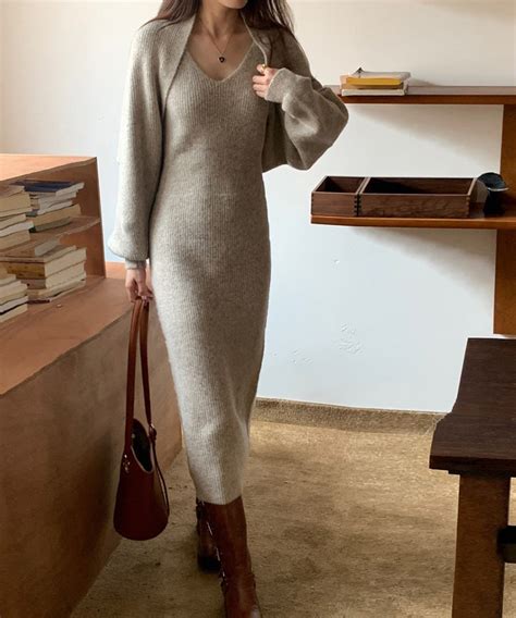아루미 니트 크롭 볼레로가디건 롱 V넥 나시 원피스 세트 그레이 오트밀