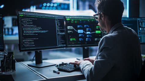 기술 사무실 환경에서 컴퓨터 작업을 하는 젊은 엔지니어의 뒷모습 블록체인 프로젝트를 위한 소프트웨어 코드를 작성하는 남성 프로그래머 백엔드 시스템 개발 Stem 주제에 대한