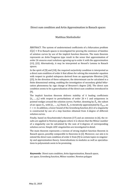 Pdf Direct Sum Condition And Artin Approximation In Banach Spaces