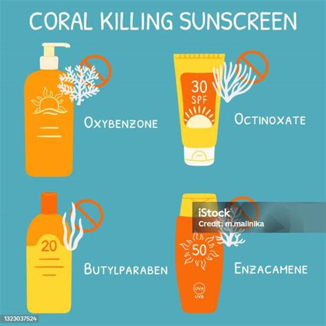 산호초를 죽일 수있는 자외선 차단제 재료 화학 해 오염 인포그래픽 스킨케어 화학 물질과 산호초 암초 안전 자외선 차단제 손으로 그린 유기 벡터 일러스트레이션 Coral