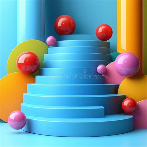 Colorful Geometric Shapes And Spheres On Vibrant Blue Steps Creating A Playful Atmosphere Stock