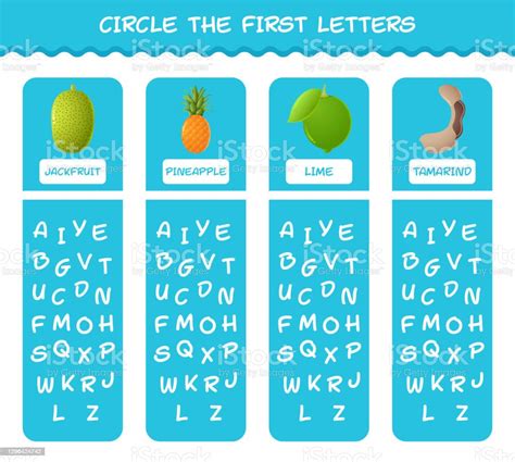 만화 과일의 첫 번째 글자를 동그라미 일치하는 게임 사전 쇼올 년 어린이와 유아를위한 교육 게임 0명에 대한 스톡 벡터 아트 및 기타 이미지 Istock