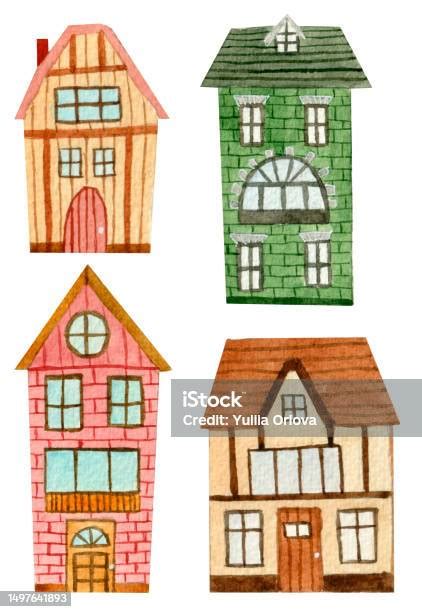 흰색 배경에 격리 된 손으로 만든 다양한 색상의 다채로운 수채화 집 모음 0명에 대한 스톡 벡터 아트 및 기타 이미지 0명 개체 그룹 거리 Istock