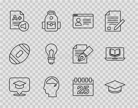 Set Line Graduation Cap In Speech Bubble Online Class Human Brain Exam Sheet With A Plus